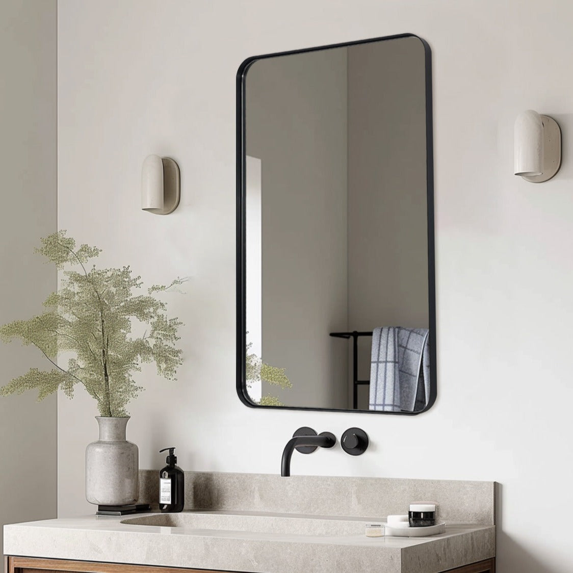 Moon Mirror® Contemporary Bathroom Mirror with Round Rectangle Aluminum ...