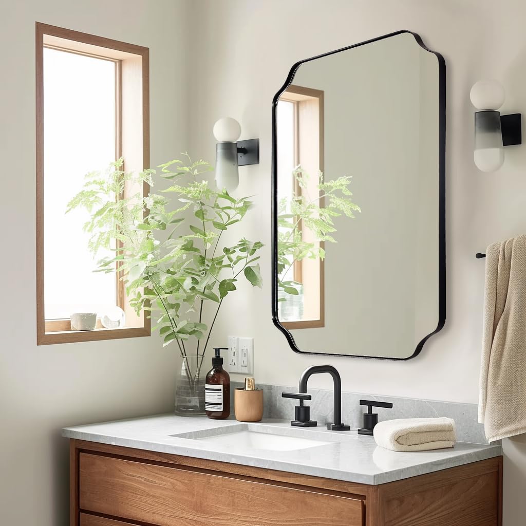 MoonMirror® Round Notched Scalloped Mirror for Wall Black Bathroom
